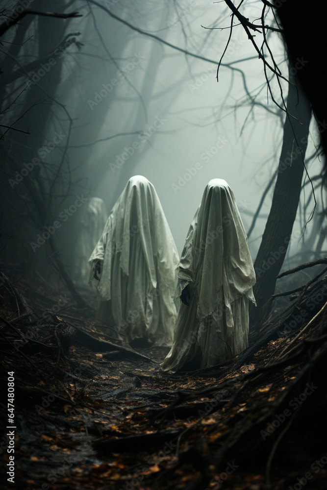 Vertical photo of three ghosts wandering through the forest. Dark ...