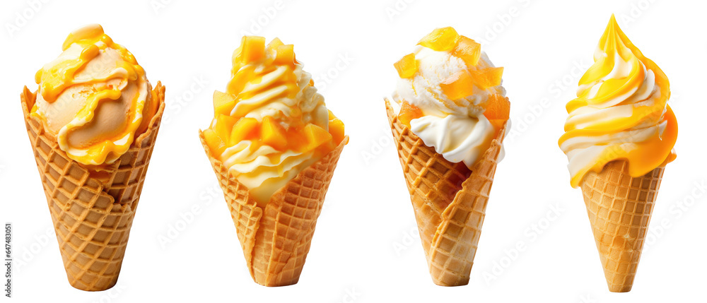 Collection of mango ice cream cone isolated on white background Stock ...