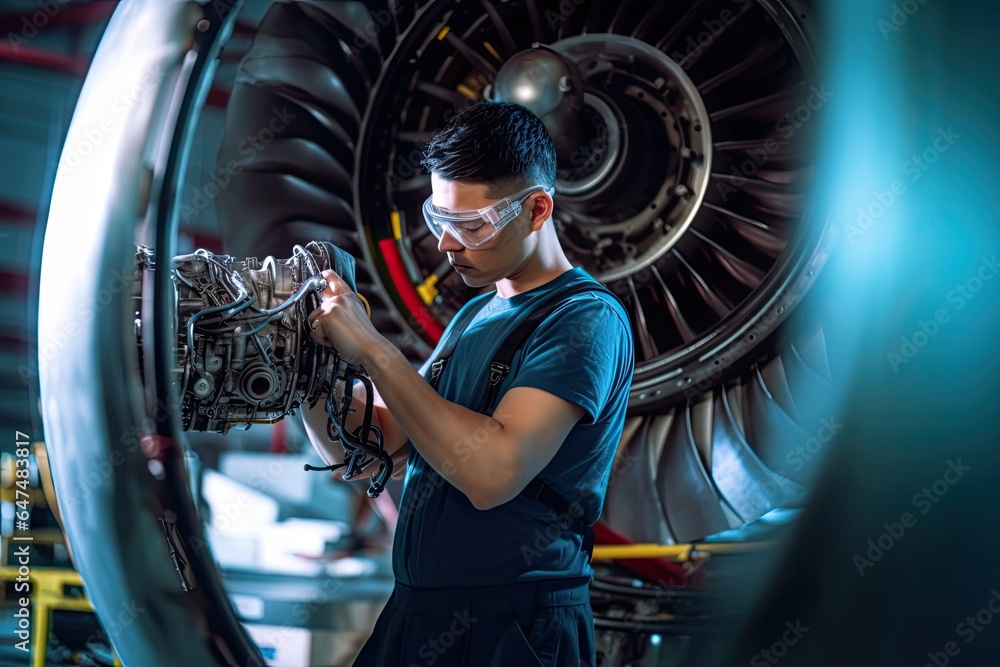 Aircraft mechanic inspecting jet engine in hangar at airport. Photo ...