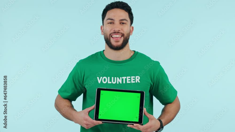 Man, volunteering and tablet green screen of eco friendly website ...