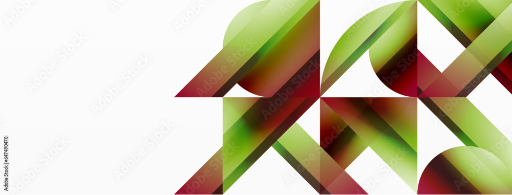 Vibrant color triangles and circles on white background intertwine to ...