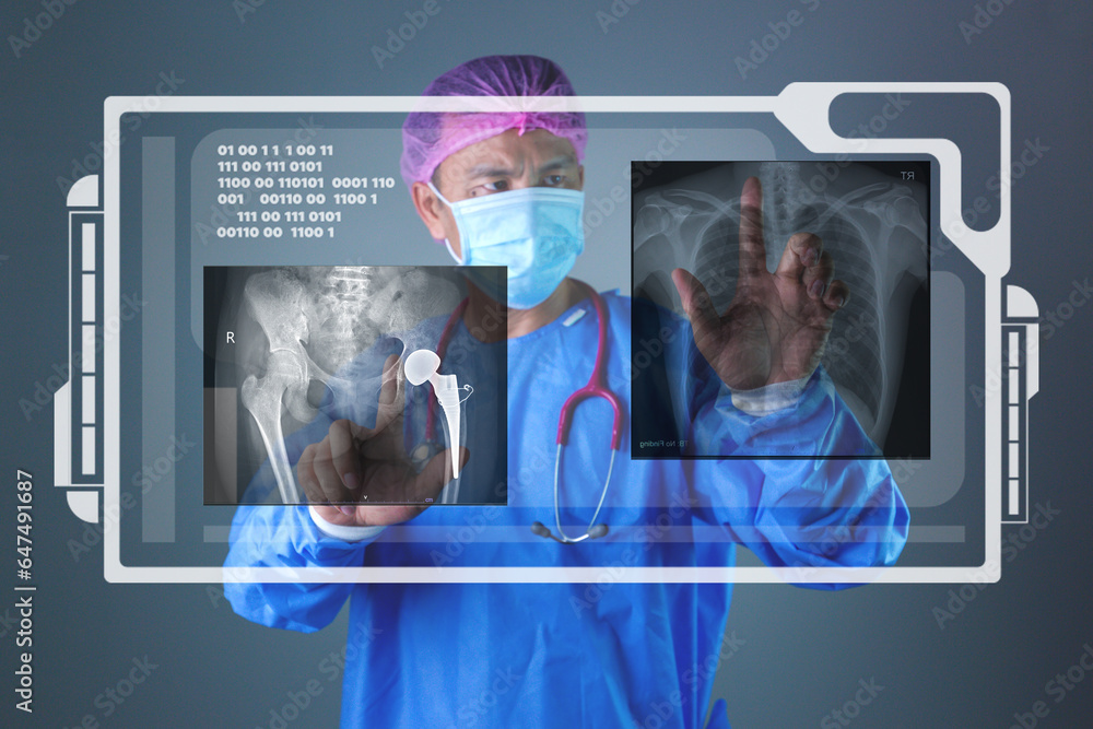 A doctor hand touching Virtual reality man with symbol neurons in the ...