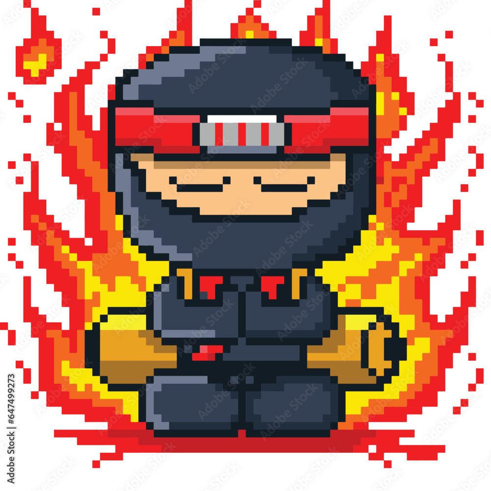 8 bit pixel fire and flame ninjutsu of red ninja vector illustration ...