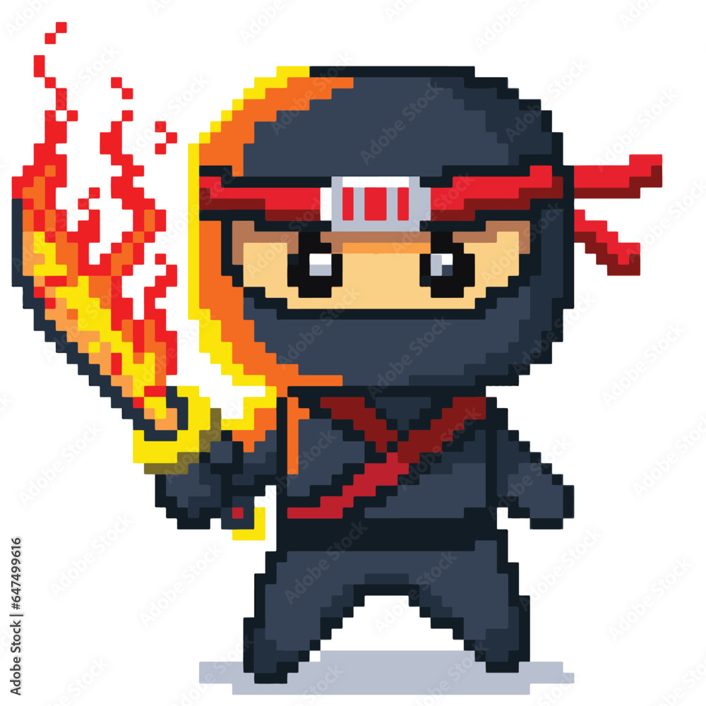 Poster 8 bit pixel Japanese Red Ninja Katana Fire Elements Character ...