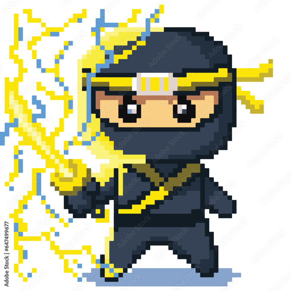 8 bit pixel Japanese Yellow Ninja Katana Lightning Thunder Elements ...
