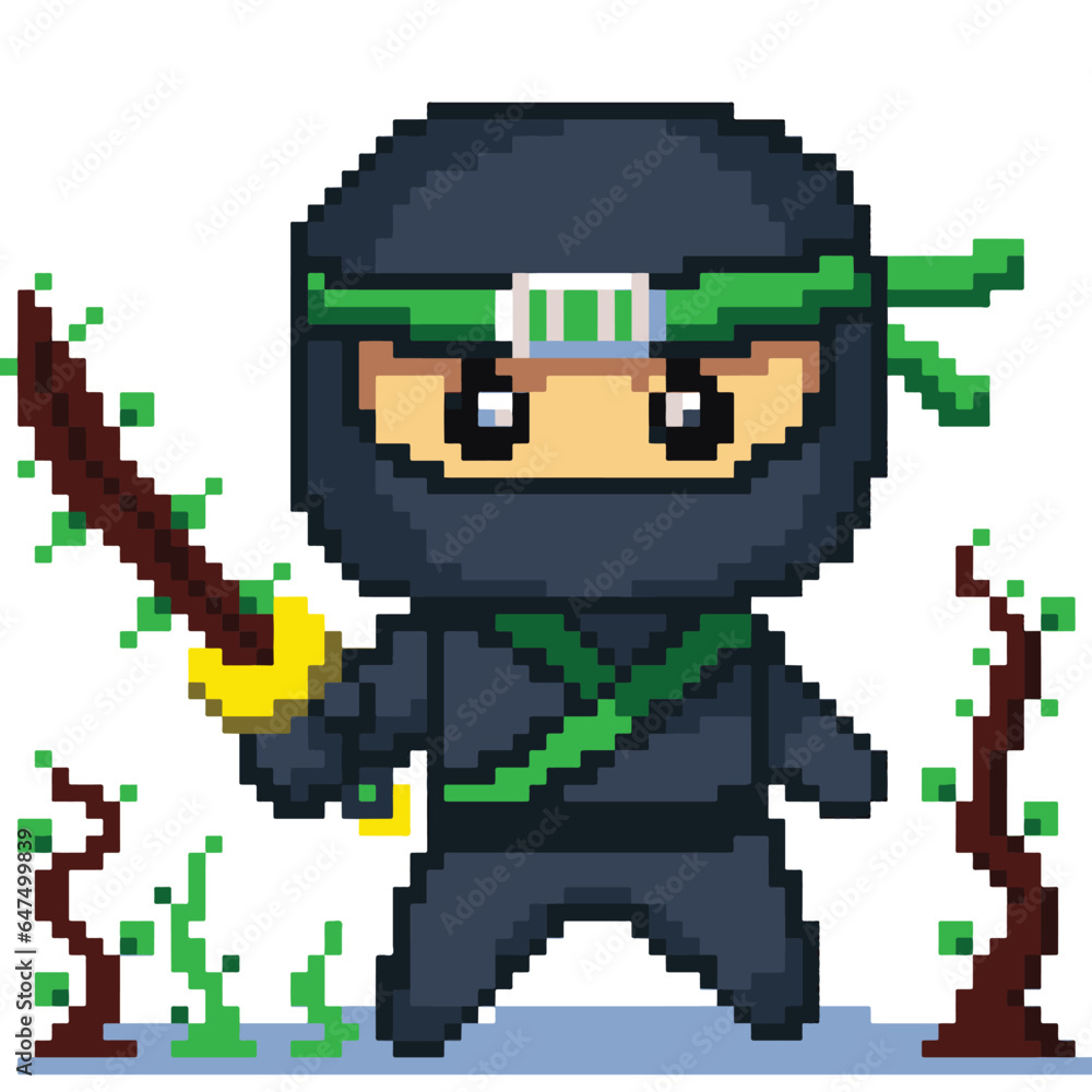 8 bit Pixel Japanese Green Ninja Katana Wooden Leaf Elements Character ...