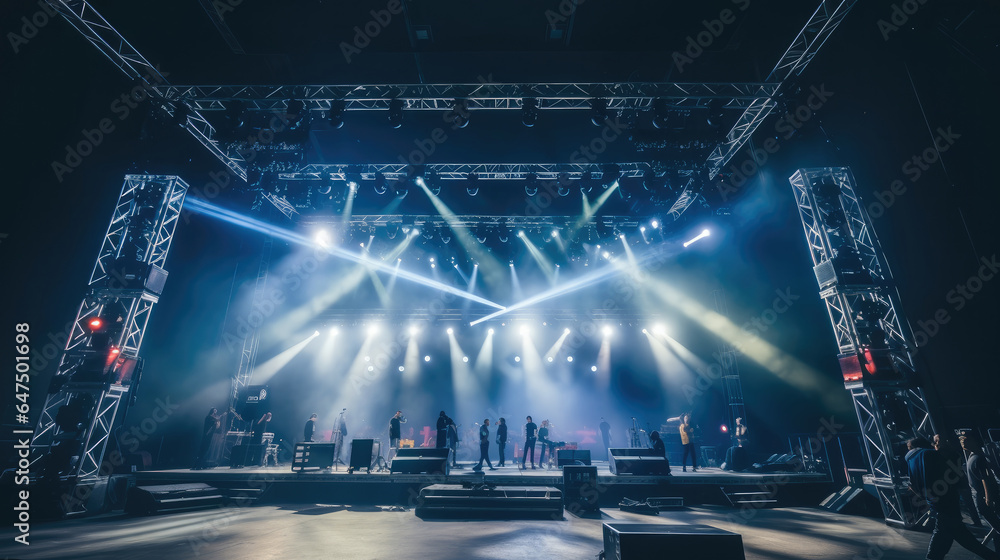 A Live stage production being built in a center stage, Lighting trusses ...