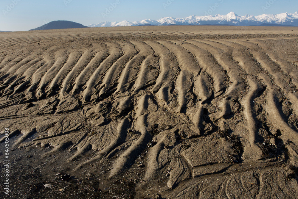 Ridges in sand at Eagle Harbor at low tide looking west; Juneau, Alaska ...