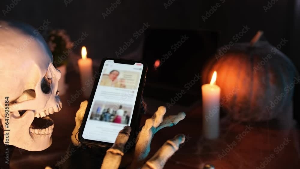 Side view close up death character halloween costume uses phone ...