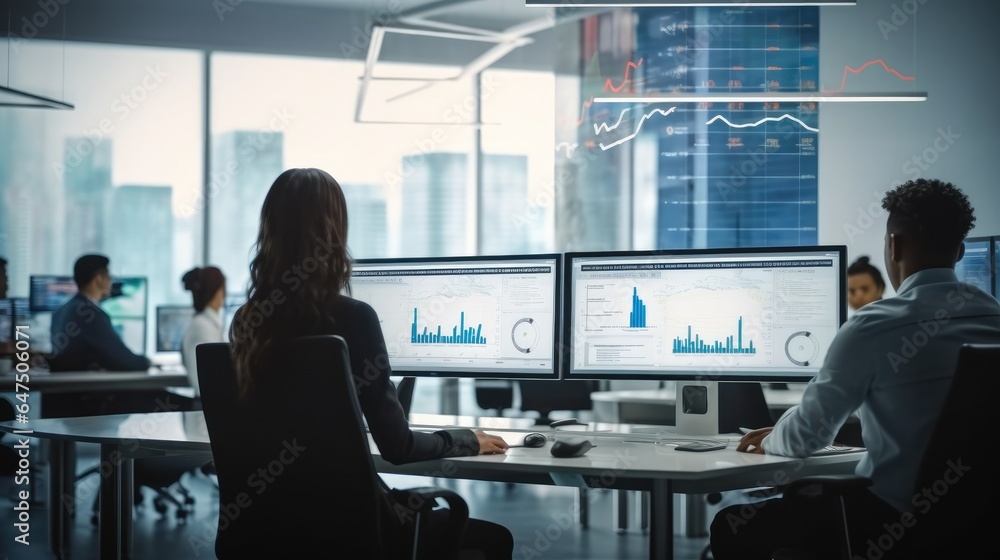 Scientists Analyzing Information And Graphs On Big Digital Screen In ...