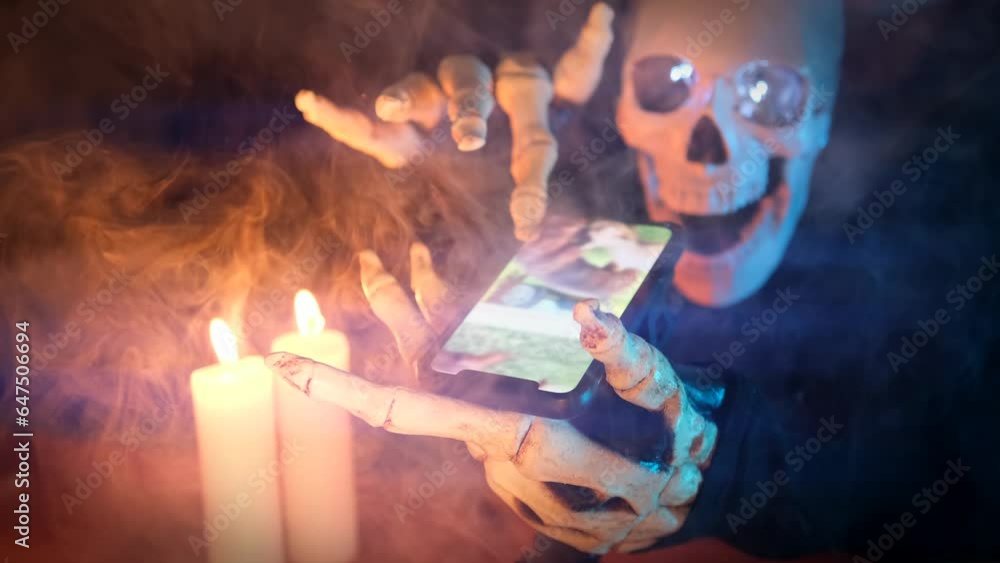 Skeleton scrolls through phone screen performs magical ritual, and ...
