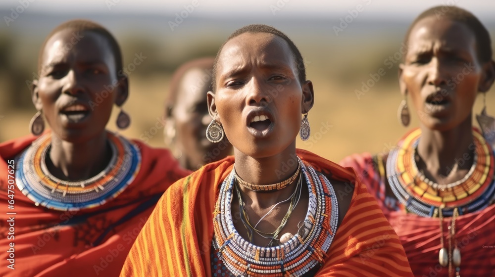 Women of the Maasai tribe singing in their village, Portrait of ...