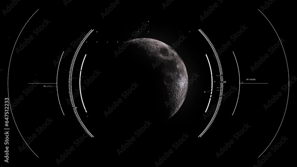 Hud display scanner engages lunar trajectory of half moon with circular target. Motion graphic ...