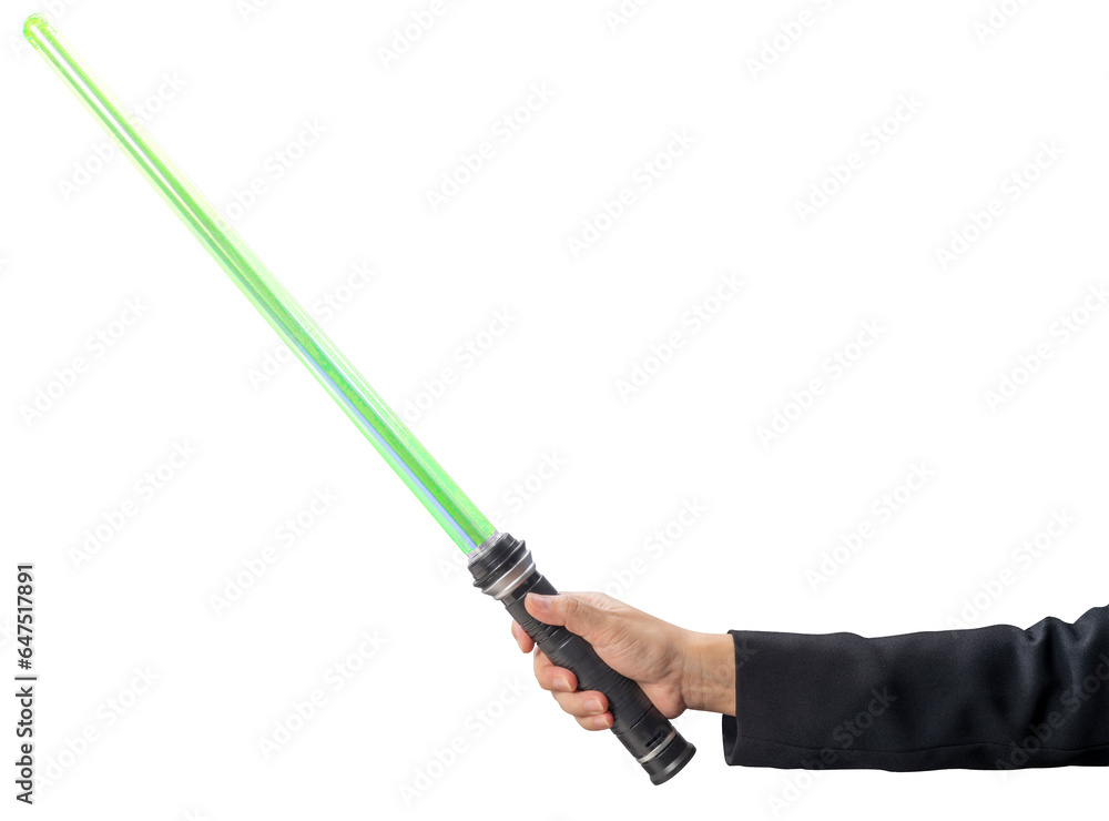 Strategy concept,Businessman Hand holding Green Lightsaber on white ...