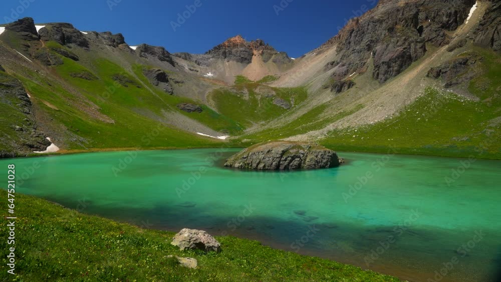 Aerial cinematic paradise Ice Lake Basin Silverton Island Lake aqua ...