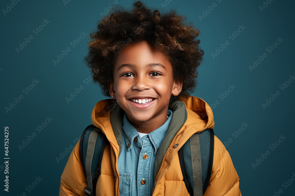 happy african american schoolboy in outwear with backpack is ready to ...
