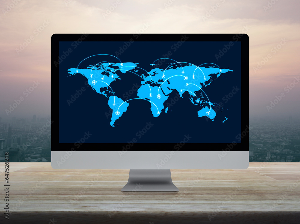 Connection line with global world map on computer monitor screen on ...