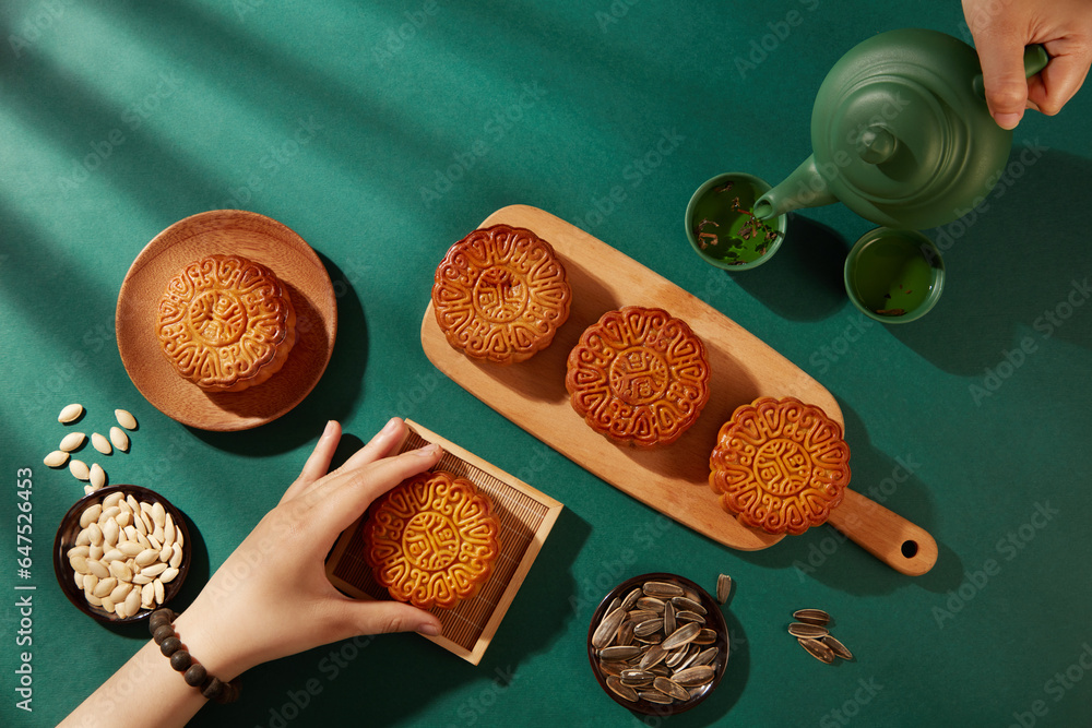 Mooncake advertising scene with modern concept - on green background ...