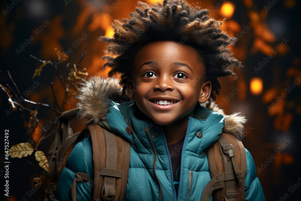 happy african american schoolboy in outwear with backpack is ready to ...