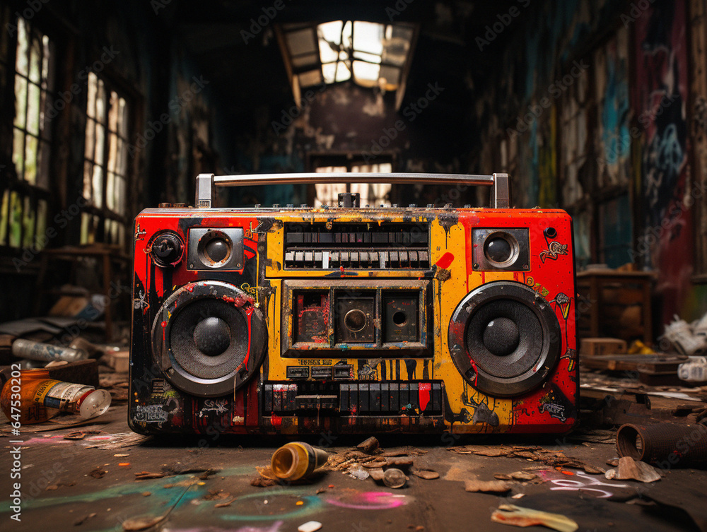 1980s Retro Ghetto Blaster Boombox in Graffiti Covered Room Full Frame ...