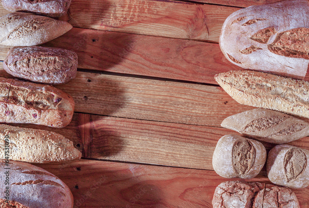 different types of loaves and loaves of rustic artisan bread in a row ...