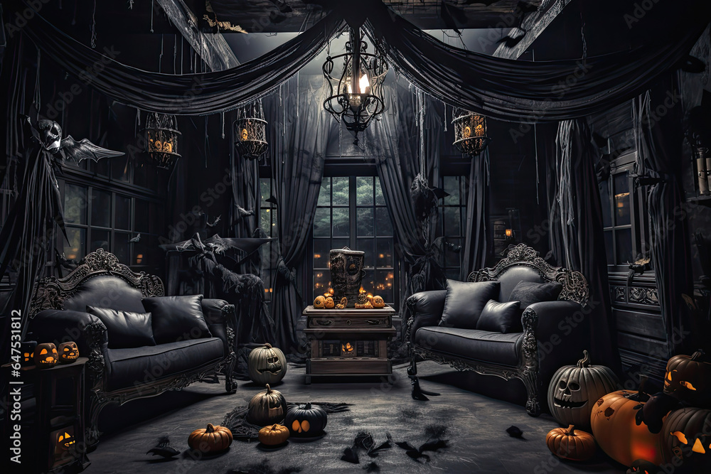 Dark haunted house decoration for Halloween party background with ...