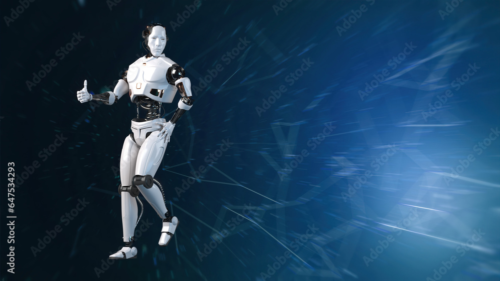 Futuristic world robots are running. Presentation of technology with robots. 3d rendering action ...