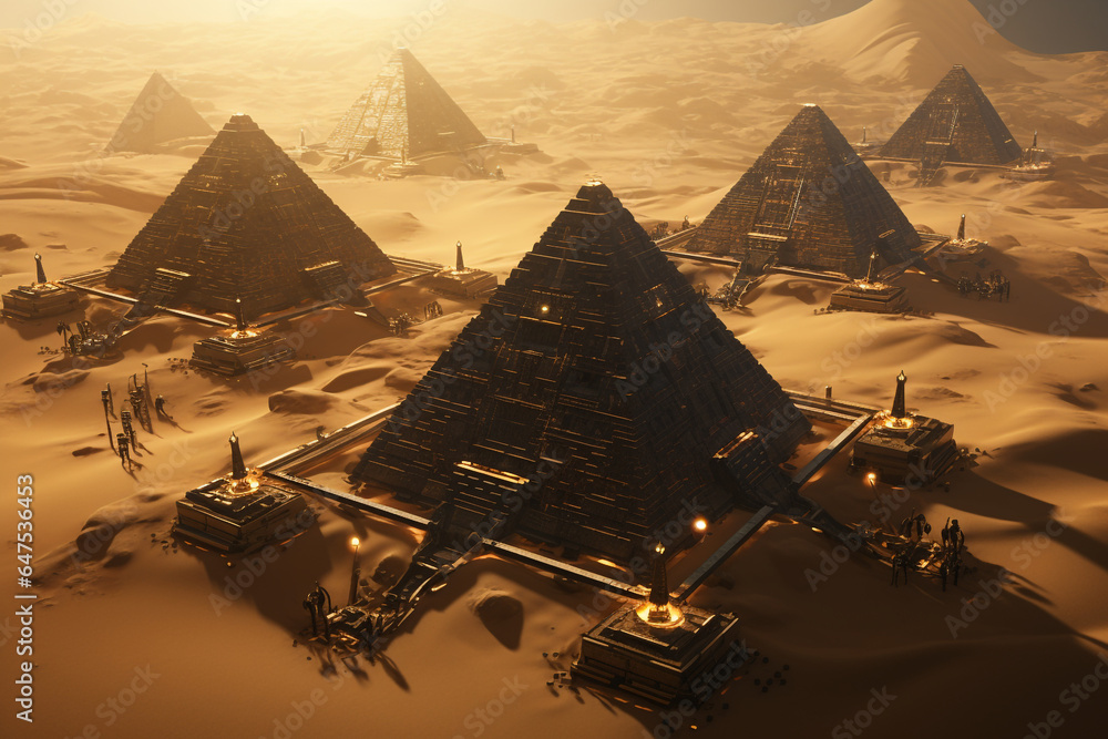 pyramids and fighting robots reacting 3d rendering elements Stock Photo ...