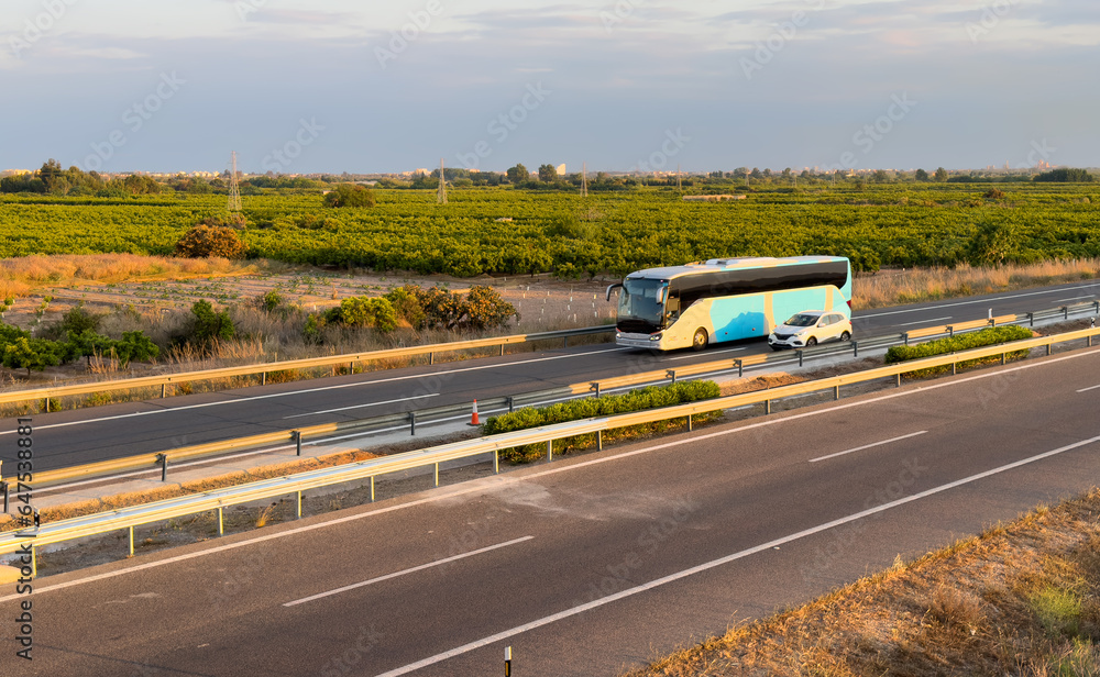 Bus on highway. Tour Bus driving on highway road. Public transport for ...