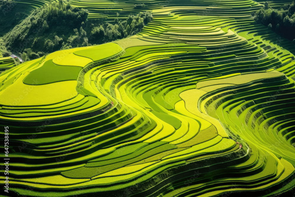 Aerial view of rice terrace fields in the morning with fog or mist in ...