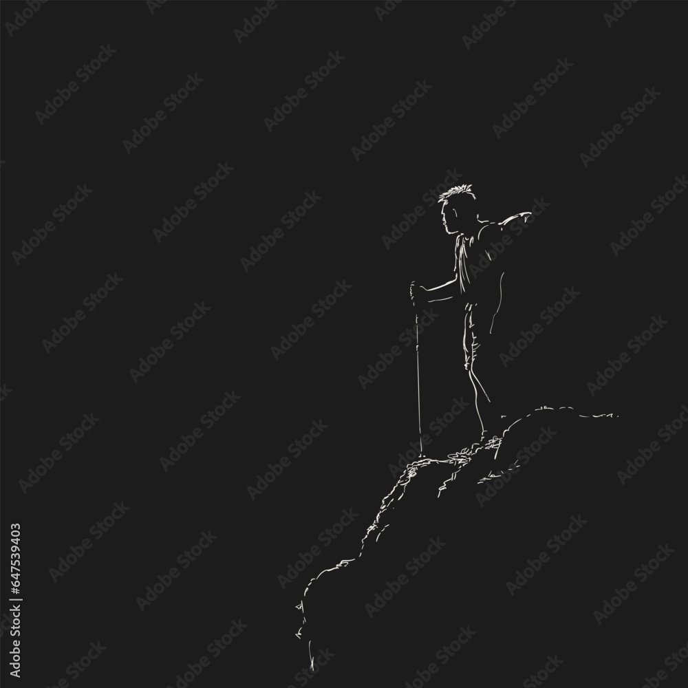 Hiking man sketch, Drawing white on black background, Man standing with ...