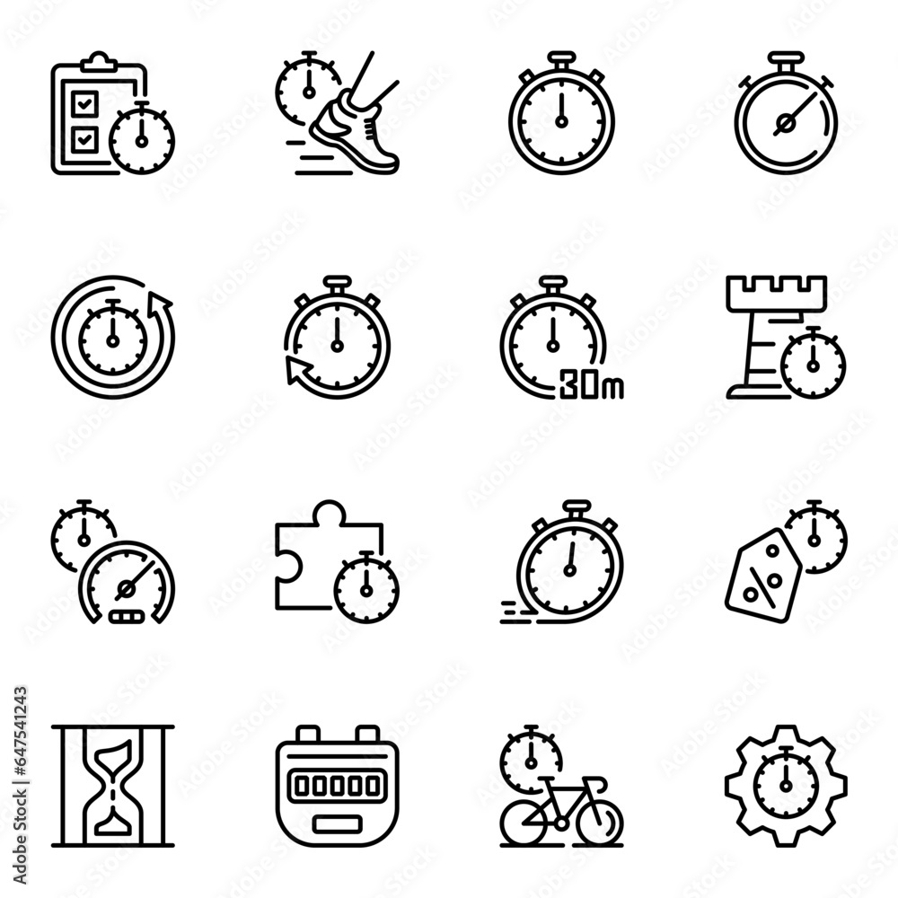Set of 16 timestamp or stopwatch line icons. schedule, measurement ...