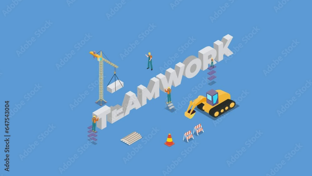 Construction site vehicles and workers building TEAMWORK 3d isometric ...