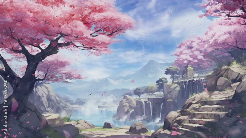 Beautiful nature landscape and cherry blossom tree animated background ...