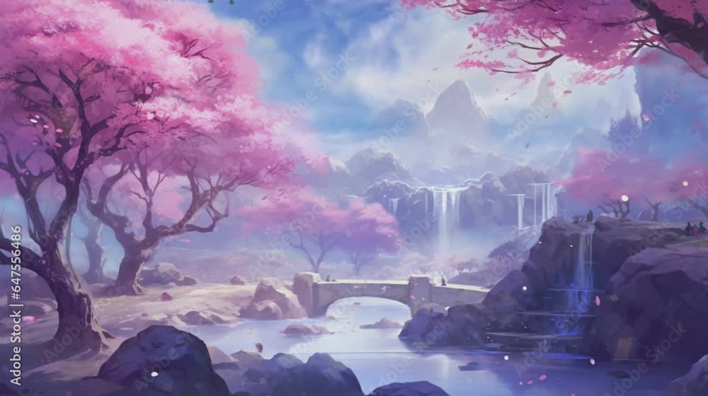 Beautiful nature landscape and cherry blossom tree animated background ...