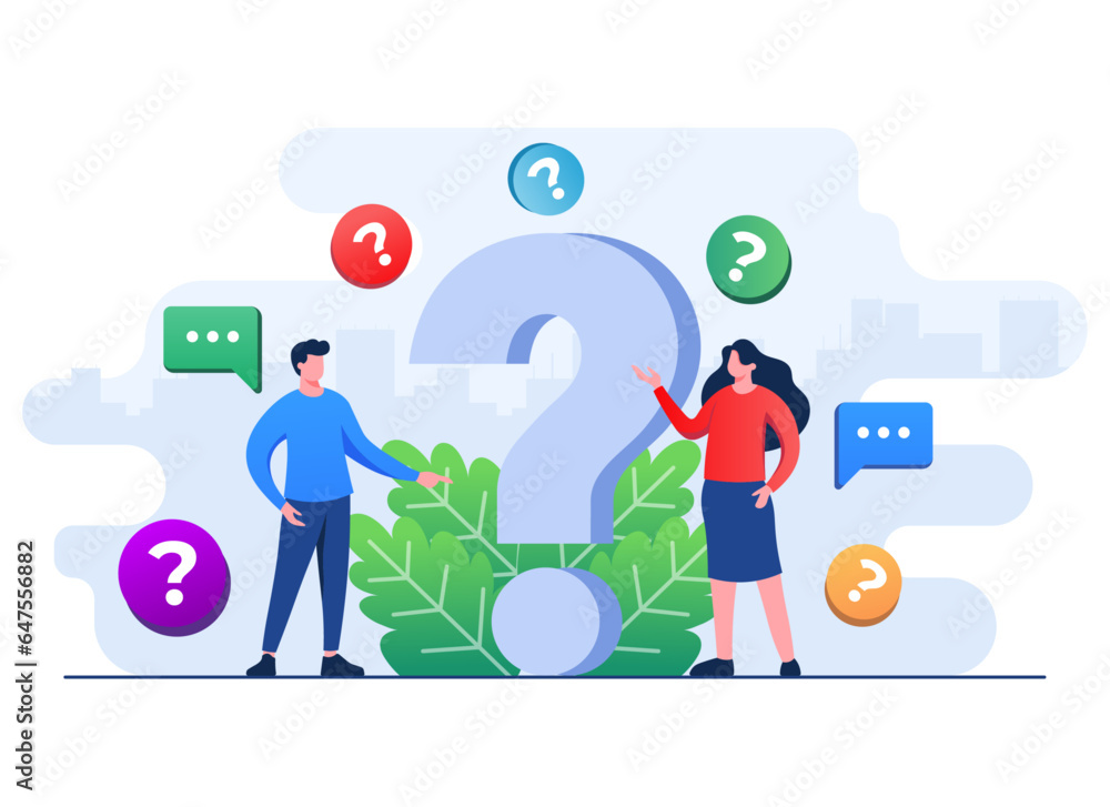 Vetor de People asking questions, Frequently asked questions concept flat illustration vector ...