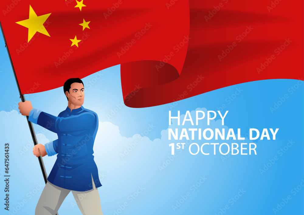 Chinese man in traditional Chinese clothing holding the flag of China ...