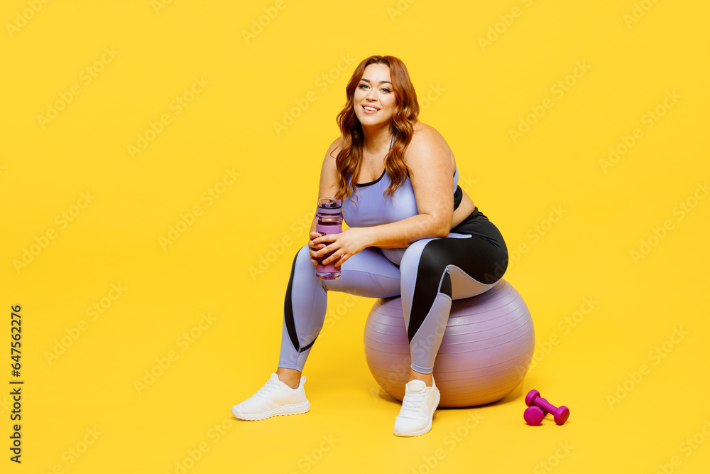 Full body young chubby plus size big fat fit woman wear blue top warm ...