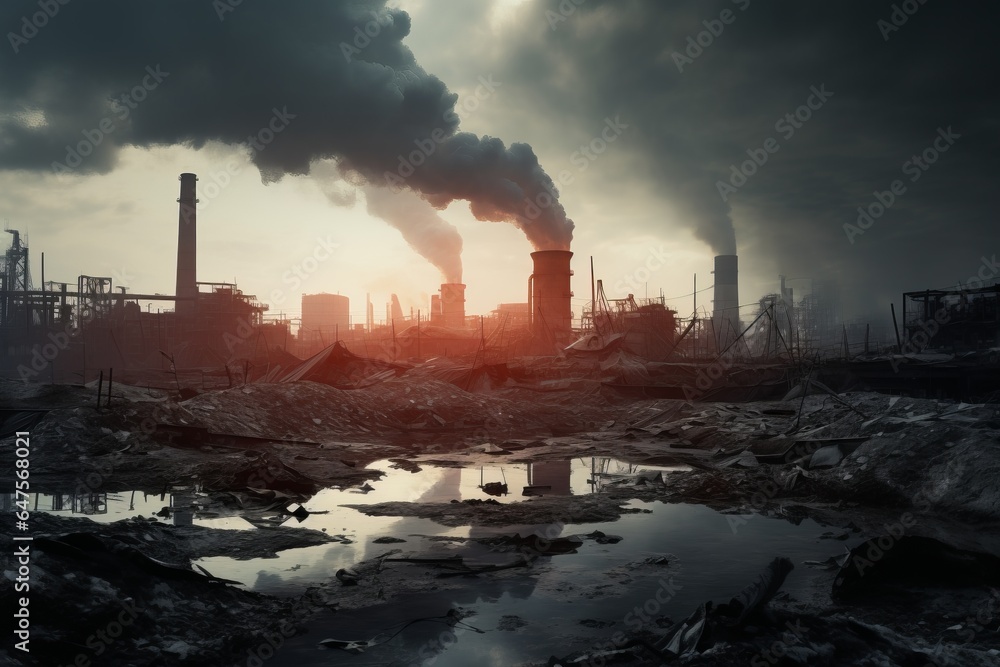 dystopian climate change landscape, smoke, industrial background, power ...
