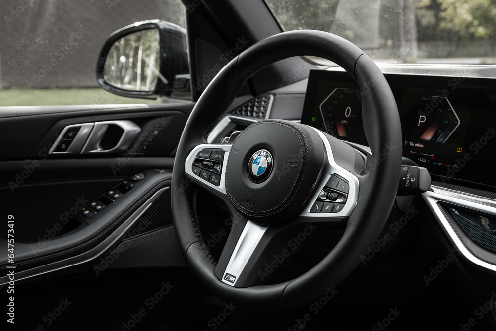 Novosibirsk/ Russia – September 07 2023: BMW X5, steering wheel, shift ...