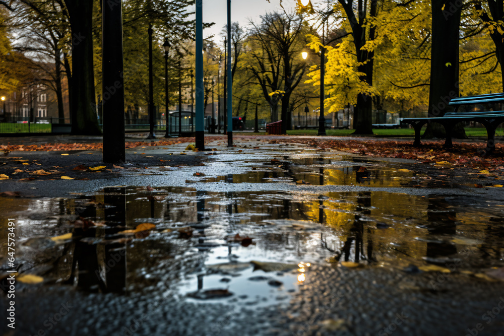 A park after the rain, with rainwater on the ground created puddle on ...