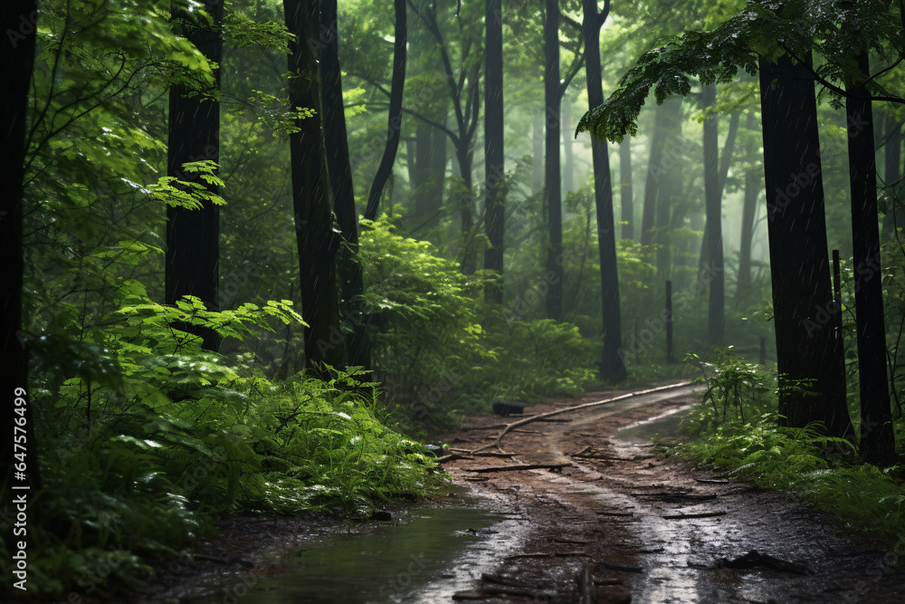 Flat curved dirt road a messy forest leads into a dense infinite forest ...