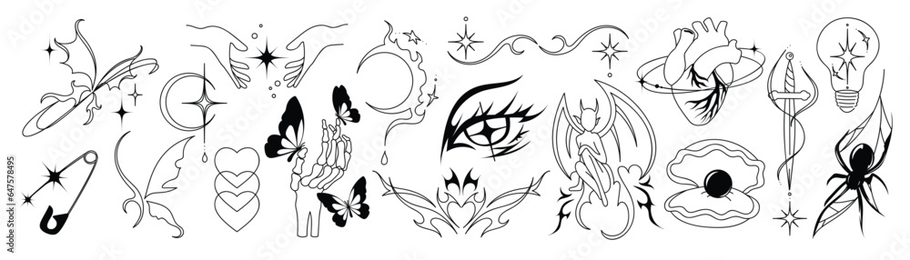 Vetor de Set of y2k tattoo symbol vector on white background. Black ...