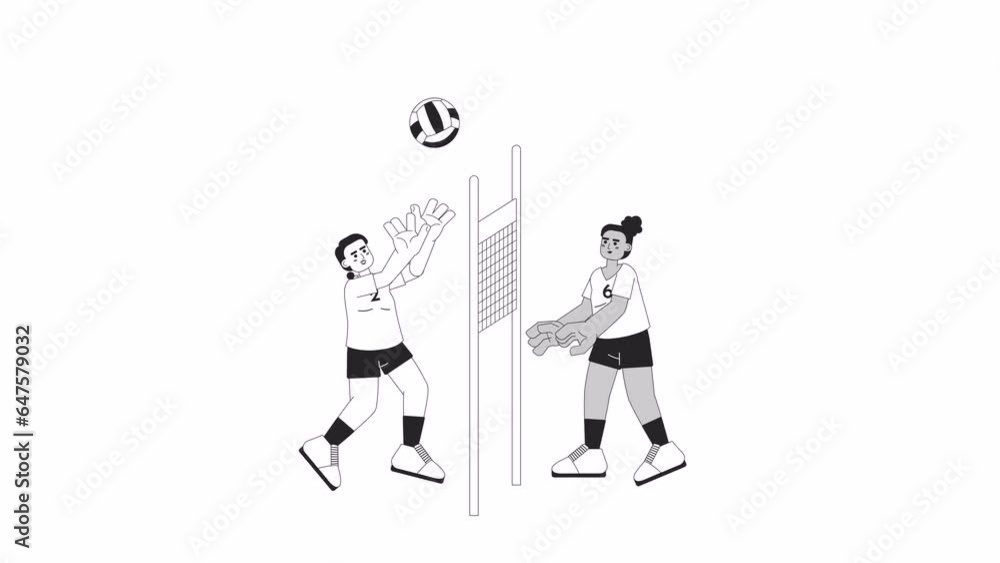 Vidéo Stock Girls volleyball players spiking bw 2D characters animation ...