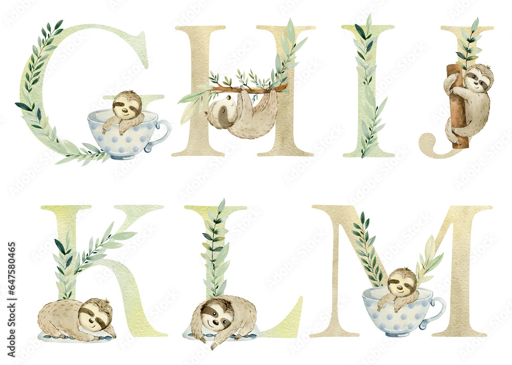 Watercolor letters with cute sloths for invitation card, nursery poster ...