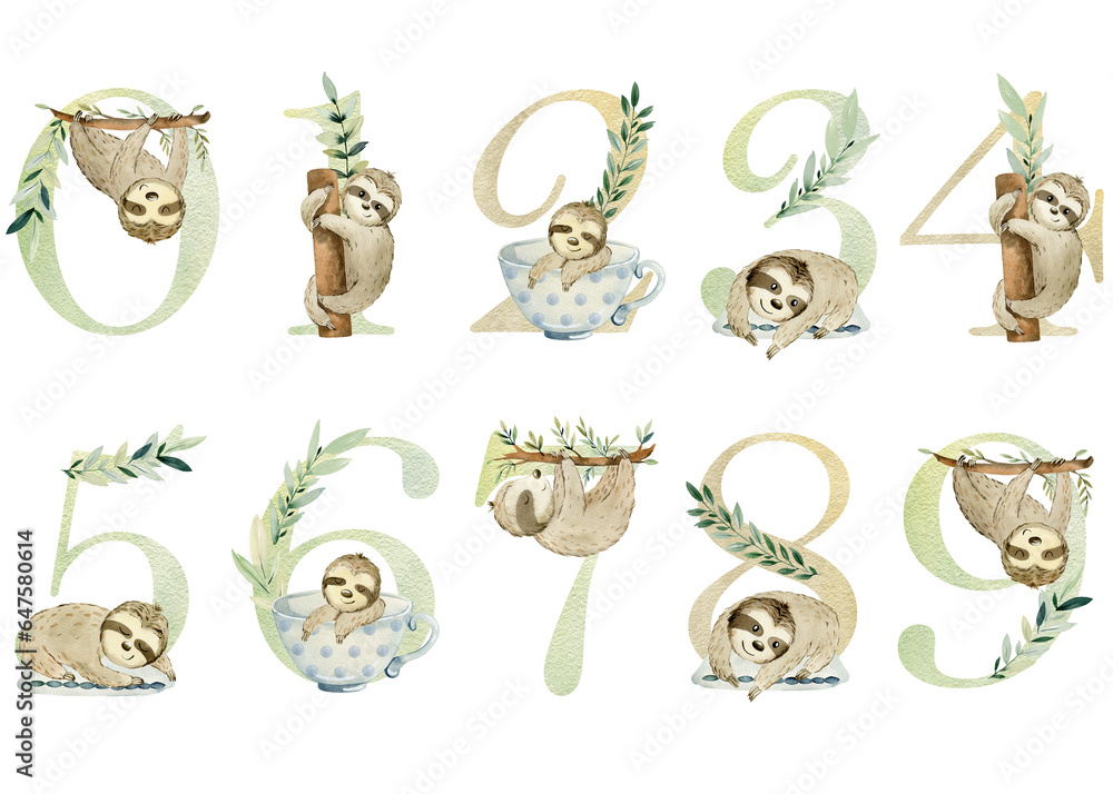 Watercolor numbers with cute sloths for invitation card, nursery poster ...