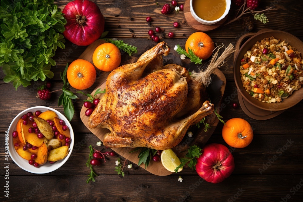 Traditional homemade roasted Thanksgiving Day turkey dinner. Top-view ...