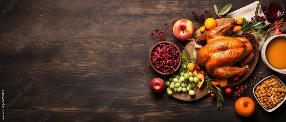 Traditional homemade roasted Thanksgiving Day turkey dinner. Top-view ...