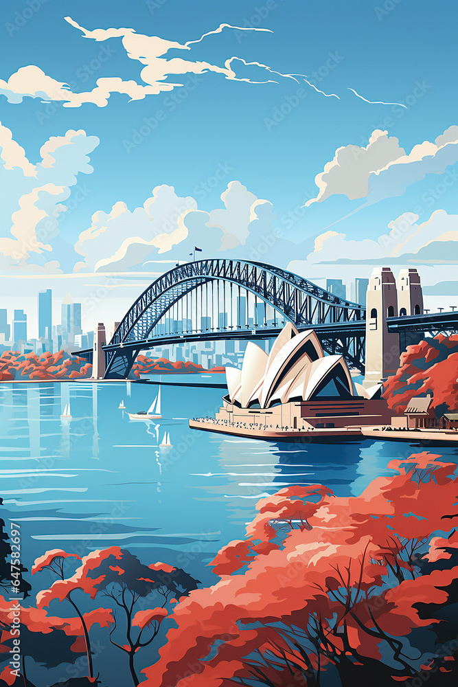 Duotone basic pop art vintage style travel poster of the Sydney Opera ...