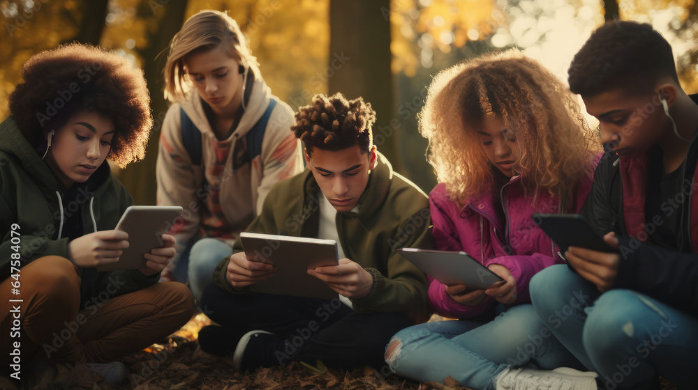 Diverse group of students studying at the park, tablets, Y2K, grunge ...